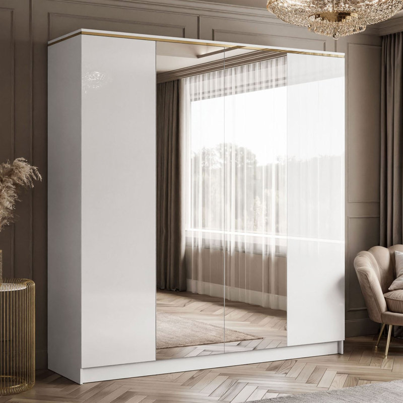 Brayden Studio AURORA 4D white gloss Wardrobe with mirror, Push-to-Open | Wayfair.co.uk